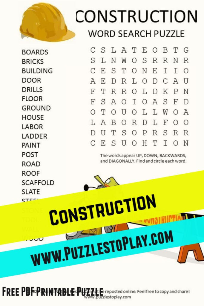 Construction Word Search Puzzle In 2020 Kids Word Search Free ...