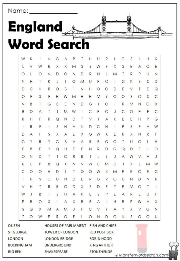 England Word Search Monster Word Search | Printable Word Search