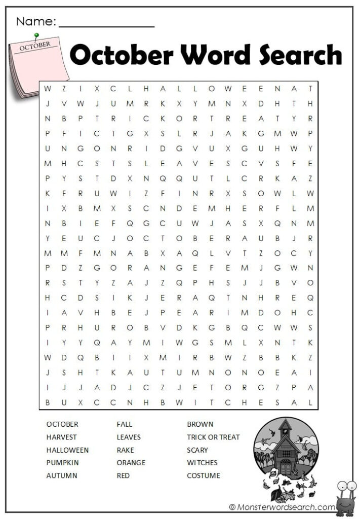 October Word Search Monster Word Search | Printable Word Search