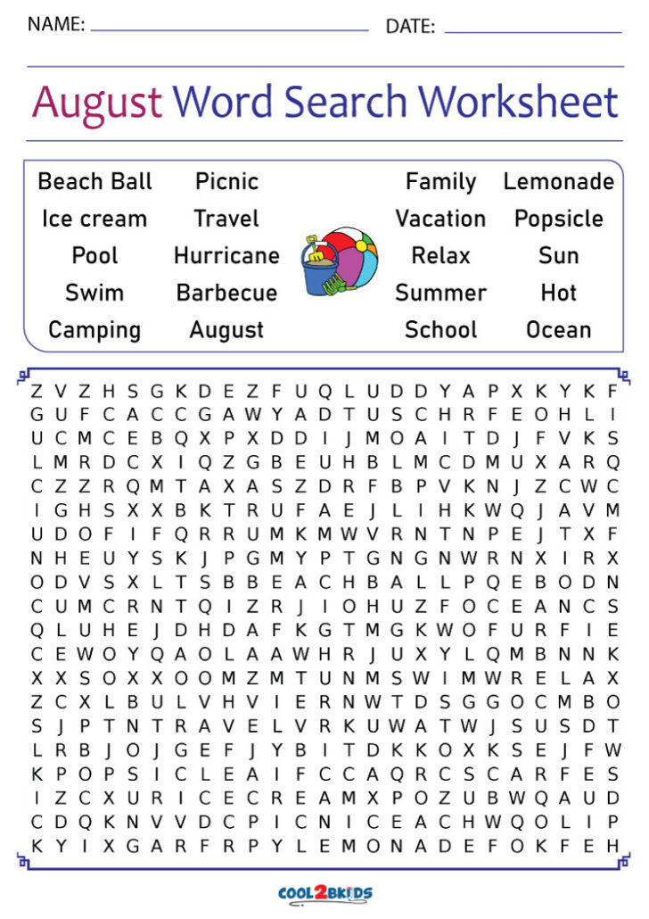 Printable August Word Search Cool2bKids | Printable Word Search