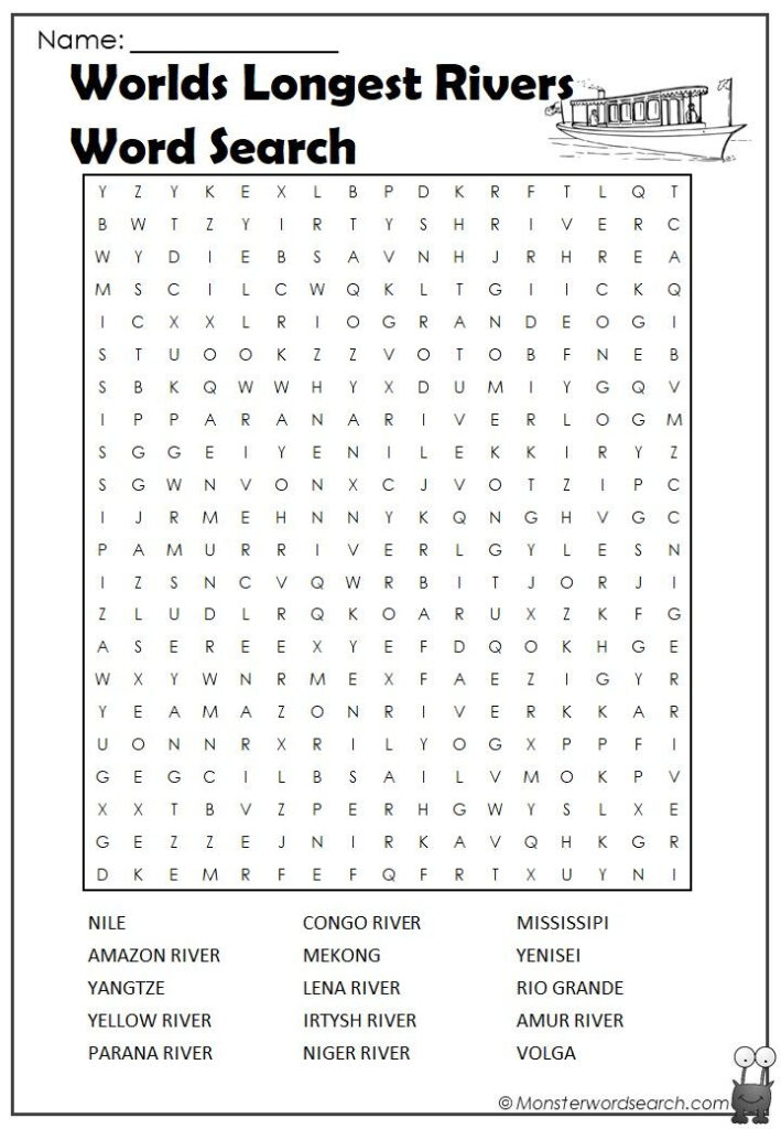 Worlds Longest Rivers Word Search Monster Word Search Word Find ...