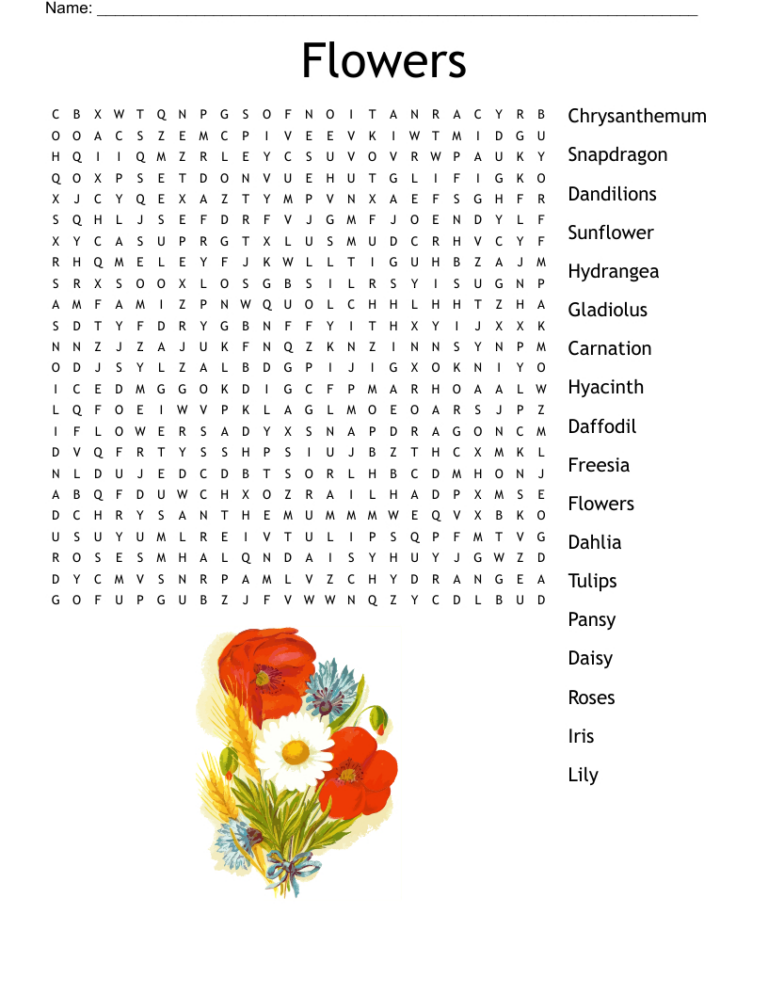 Printable Word Search Flowers | Printable Word Search