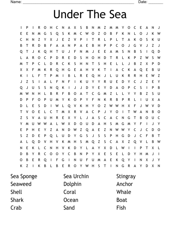 Under the Sea Word Search Printable | Printable Word Search