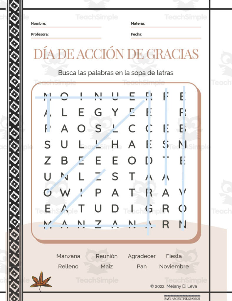 Spanish Thanksgiving Word Search Answers | Printable Word Search
