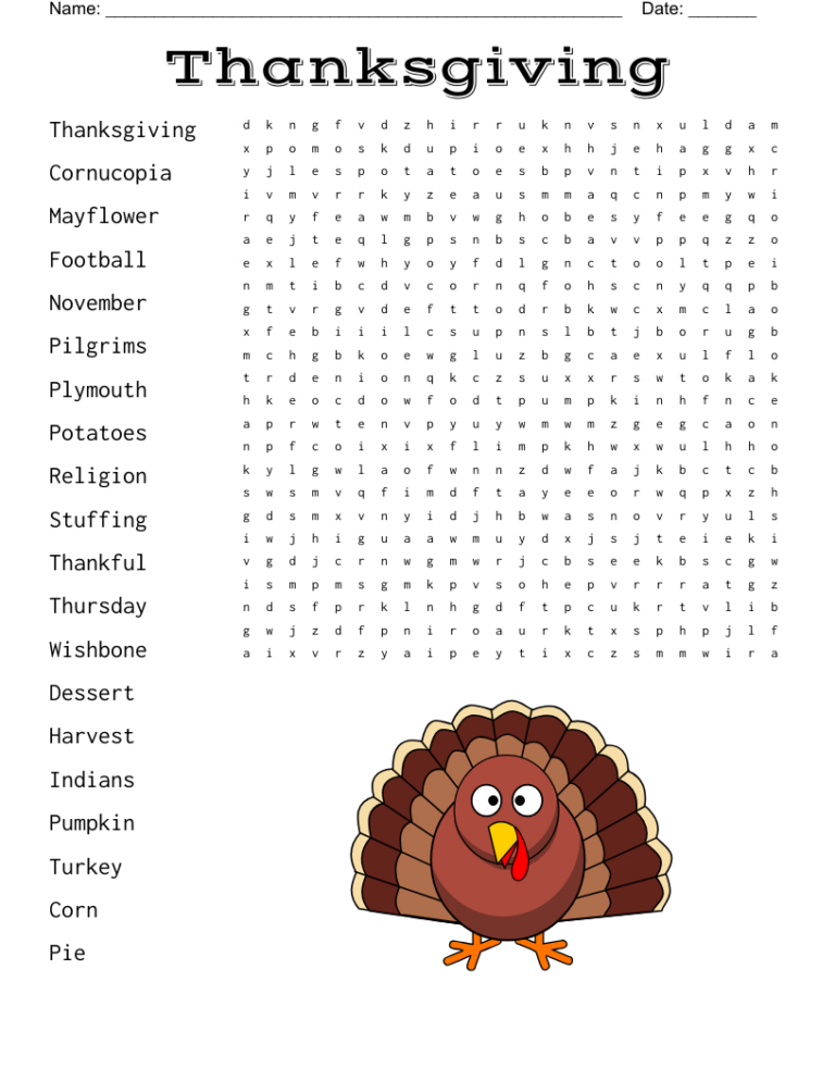 Pilgrim Thanksgiving Word Search | Printable Word Search